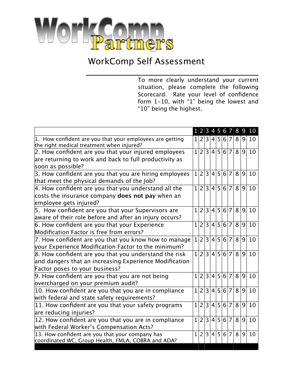 Business Self Assessment Template Workcomp Partners Fill Out Sign