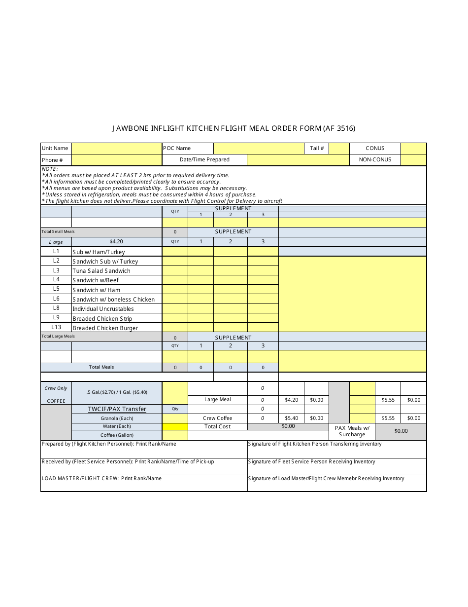 Germany Jawbone Inflight Kitchen Flight Meal Order Form (AF 3516 ...