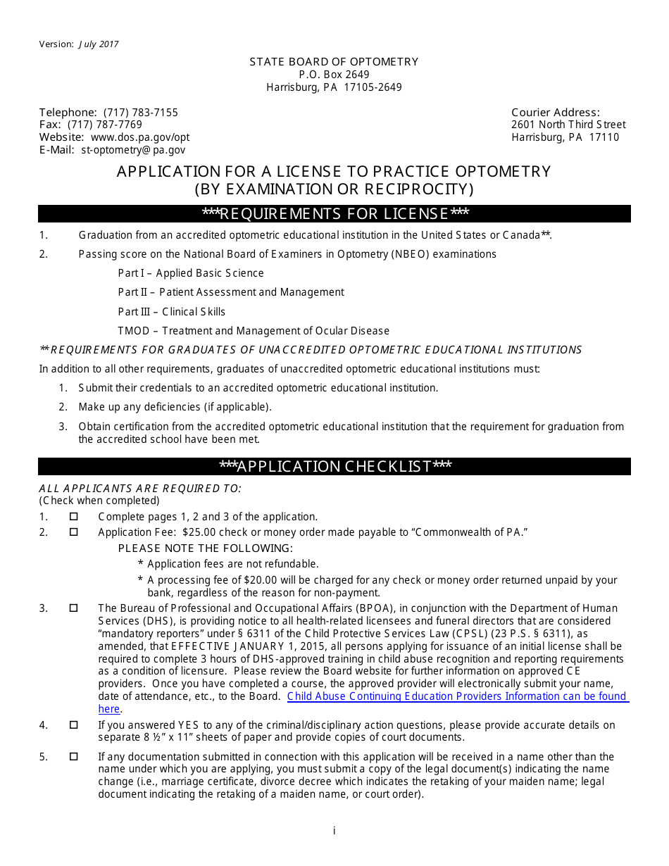 Pennsylvania Application Form for a License to Practice Optometry (By ...