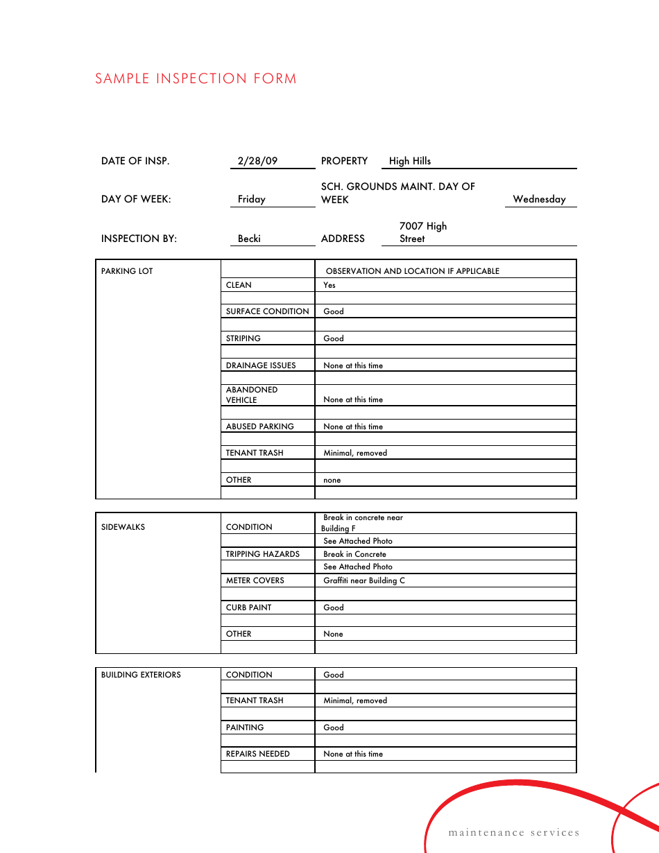 Sample Inspection Form - Maintenance Services - Fill Out, Sign Online ...