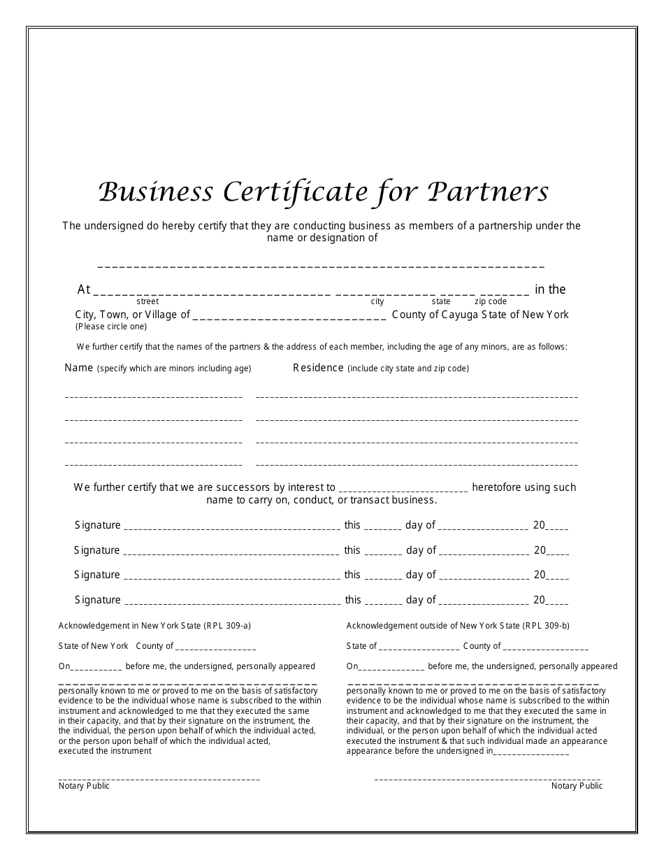 Cayuga County, New York Business Certificate for Partners - Fill Out ...