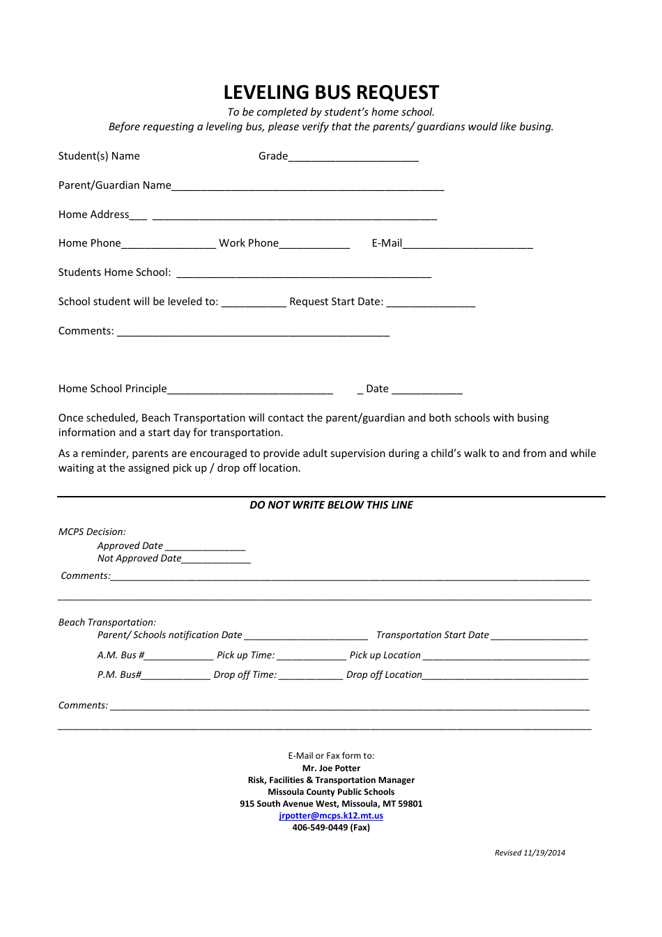 Montana Leveling Bus Request Form - Missoula County Public Schools ...