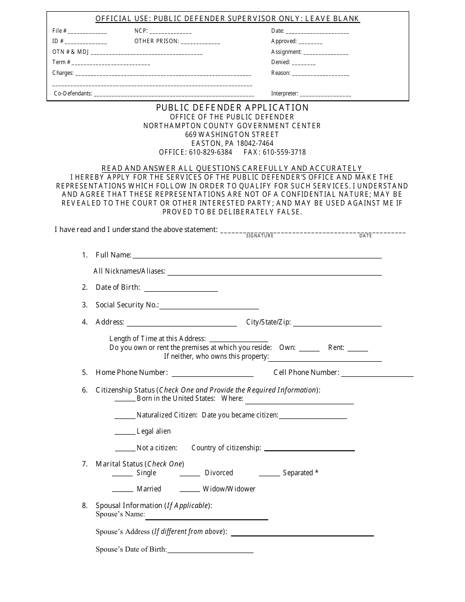 Northampton county, Pennsylvania Public Defender Application - Fill Out ...