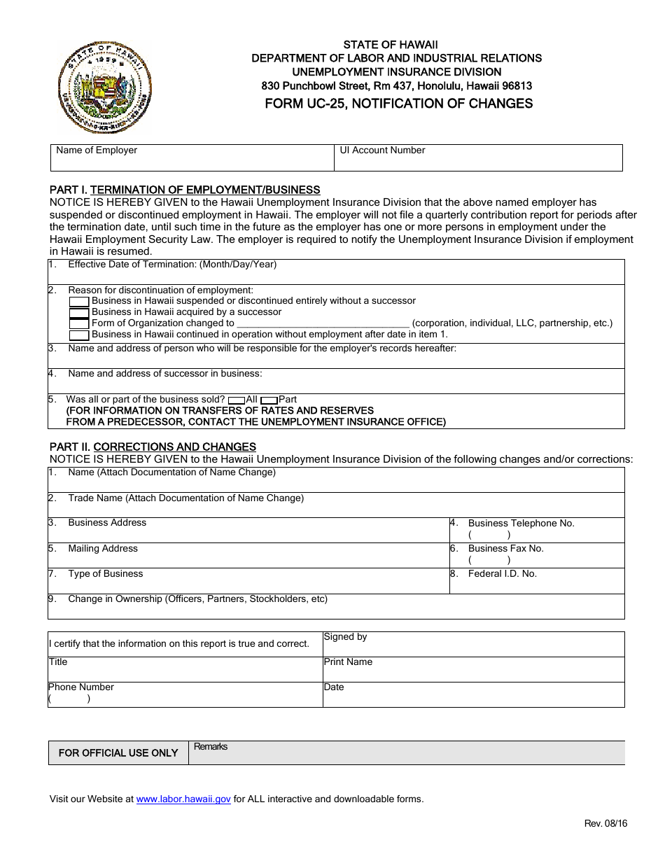 Form UC-25 - Fill Out, Sign Online and Download Fillable PDF, Hawaii ...