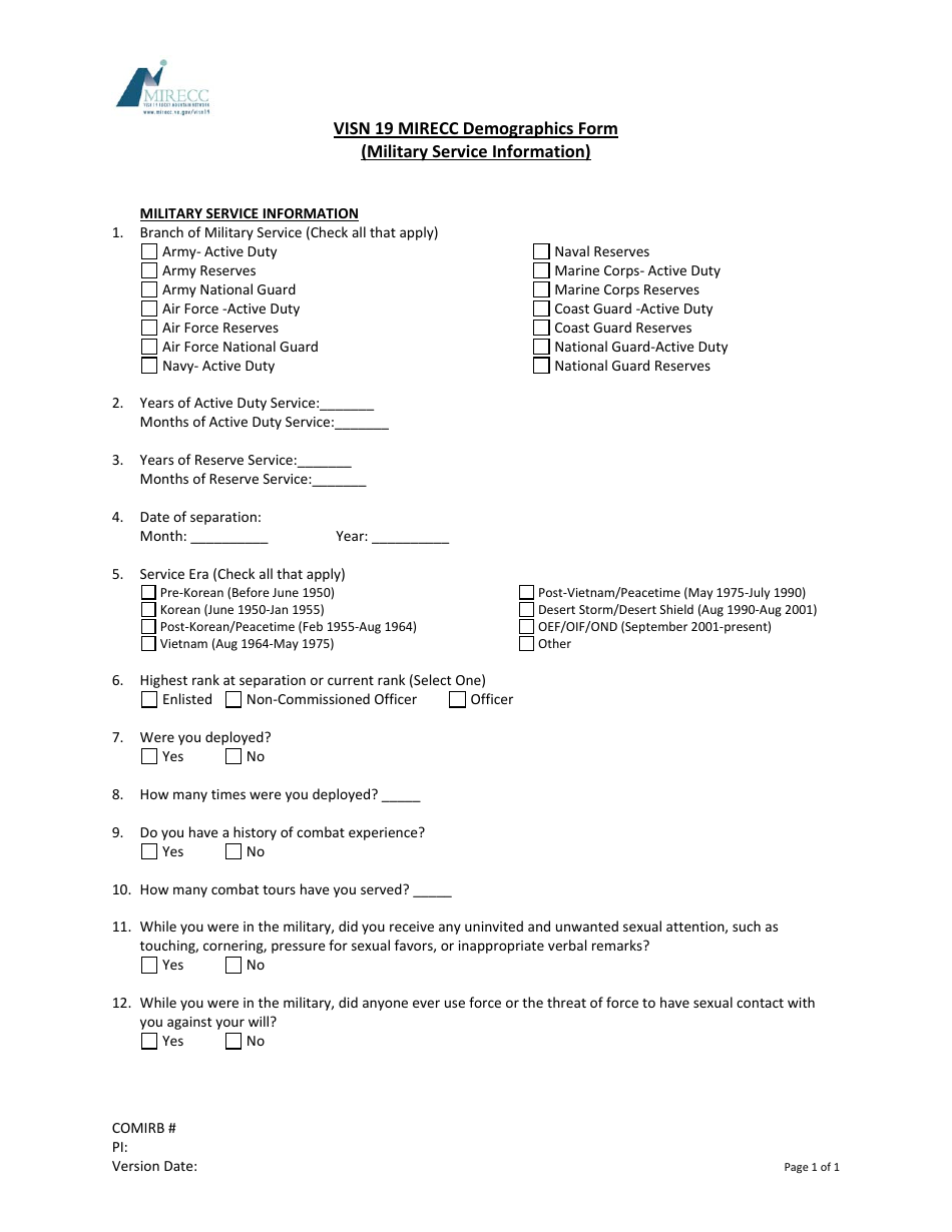 Visn 19 Mirecc Demographics Military Service Information Form - Fill ...