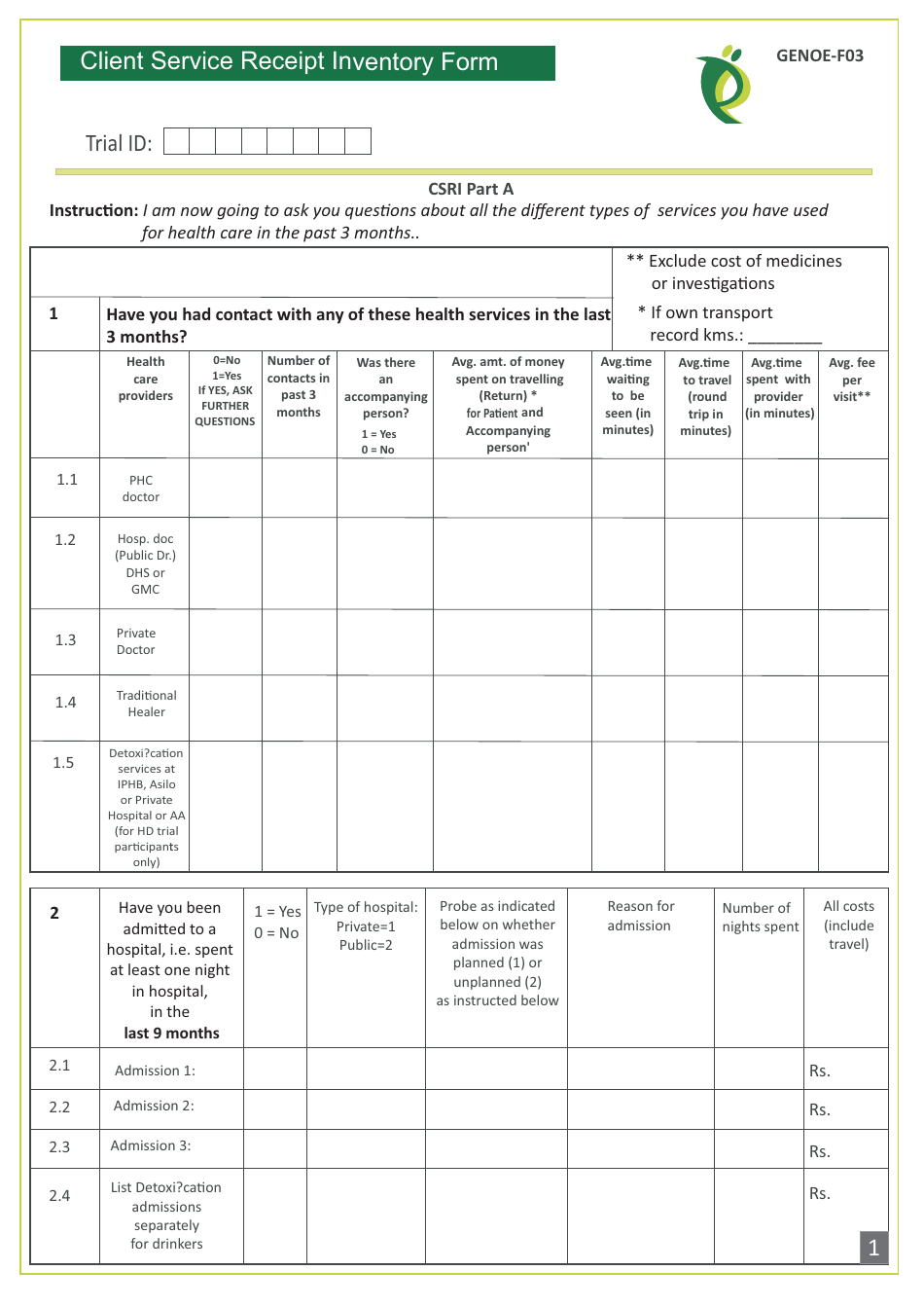 Client Service Receipt Inventory Form - London School of Hygiene ...