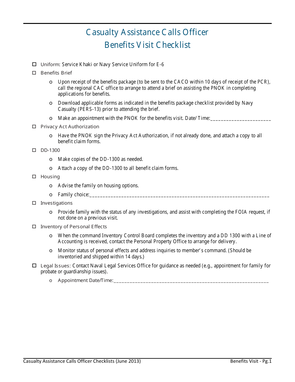 Benefits Visit Checklist - Casualty Assistance Calls Officer - Fill Out ...