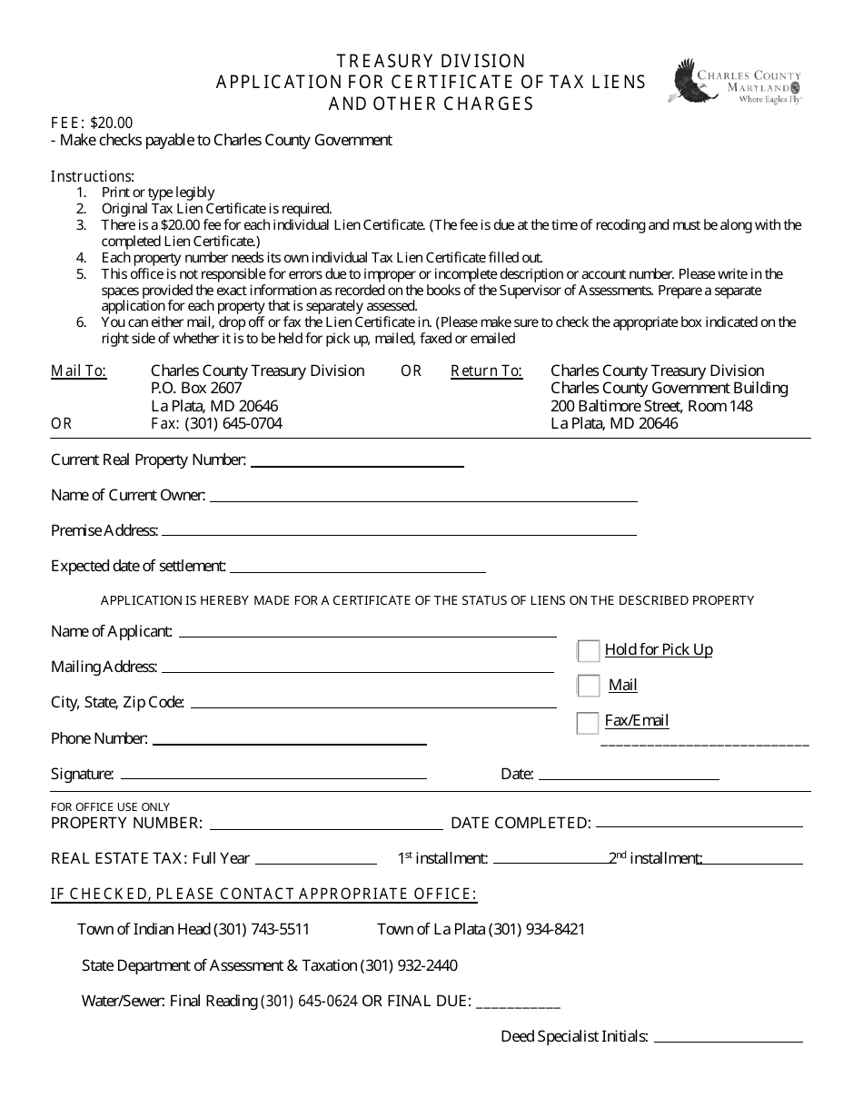 Charles County Maryland Application For Certificate Of Tax Liens And 