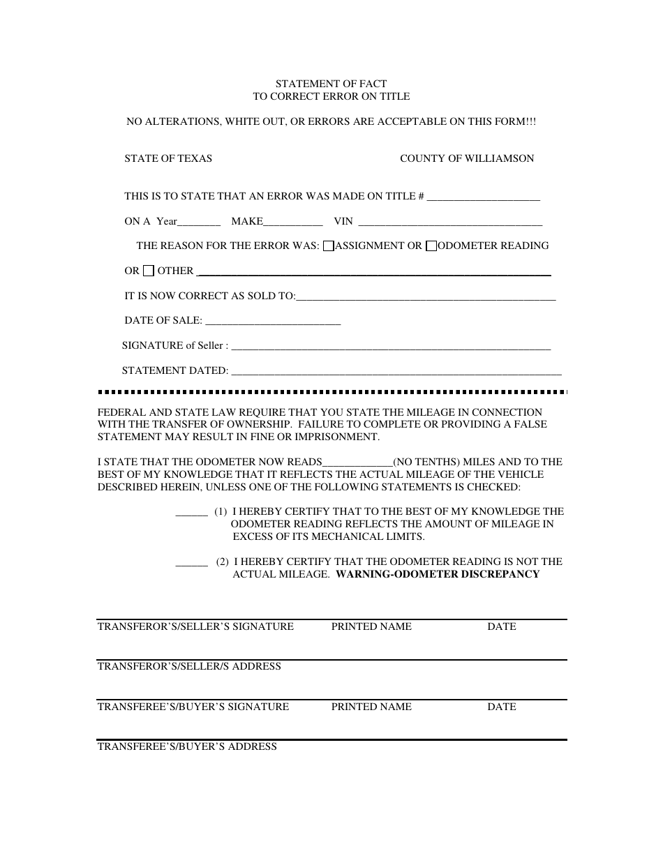 Williamson County, Texas Statement of Fact to Correct Error on Title ... Williamson County, Texas Statement of Fact to Correct Error on Title ...