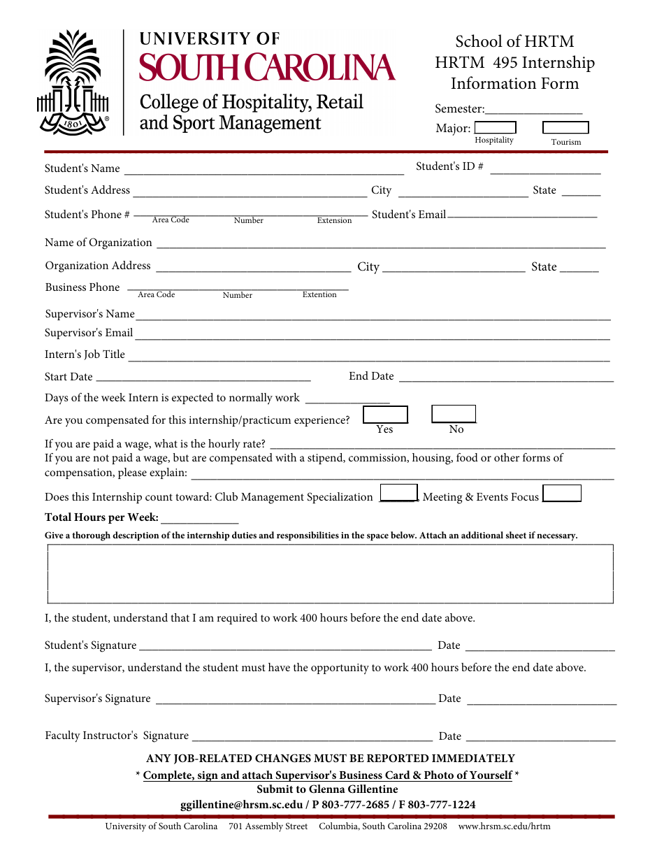 Internship Information Form - University of South Carolina - Fill Out ...