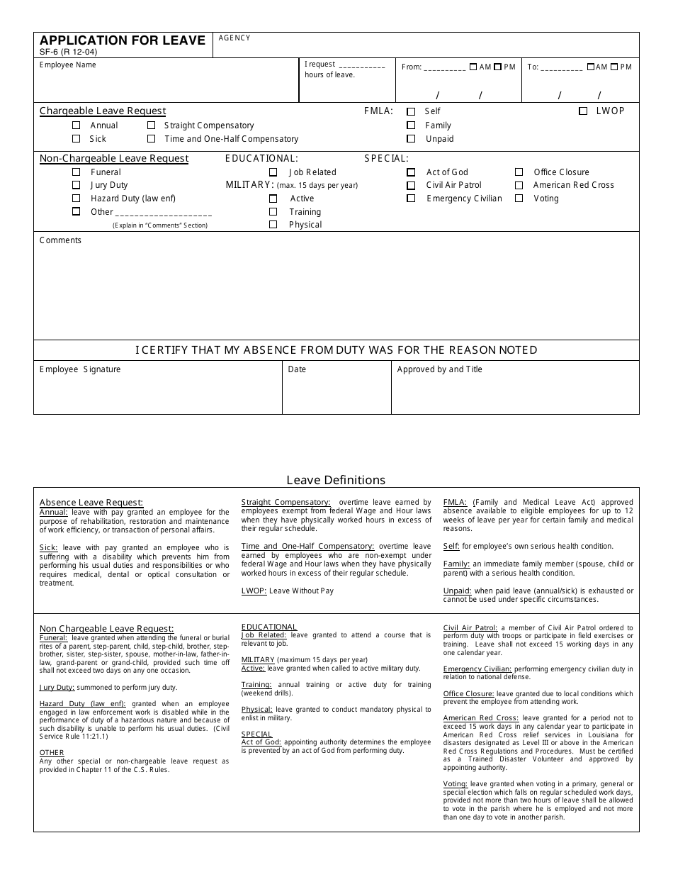 Application for Leave (SF-6) - Fill Out, Sign Online and Download PDF ...