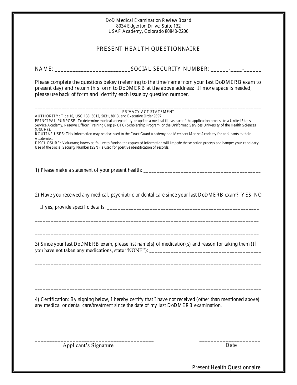 Present Health Questionnaire Form - Fill Out, Sign Online and Download ...