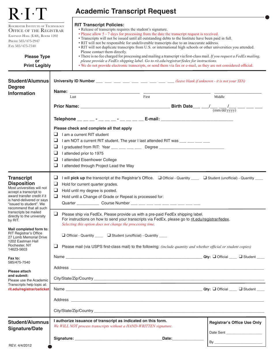 New York Academic Transcript Request - Rochester Institute of ...
