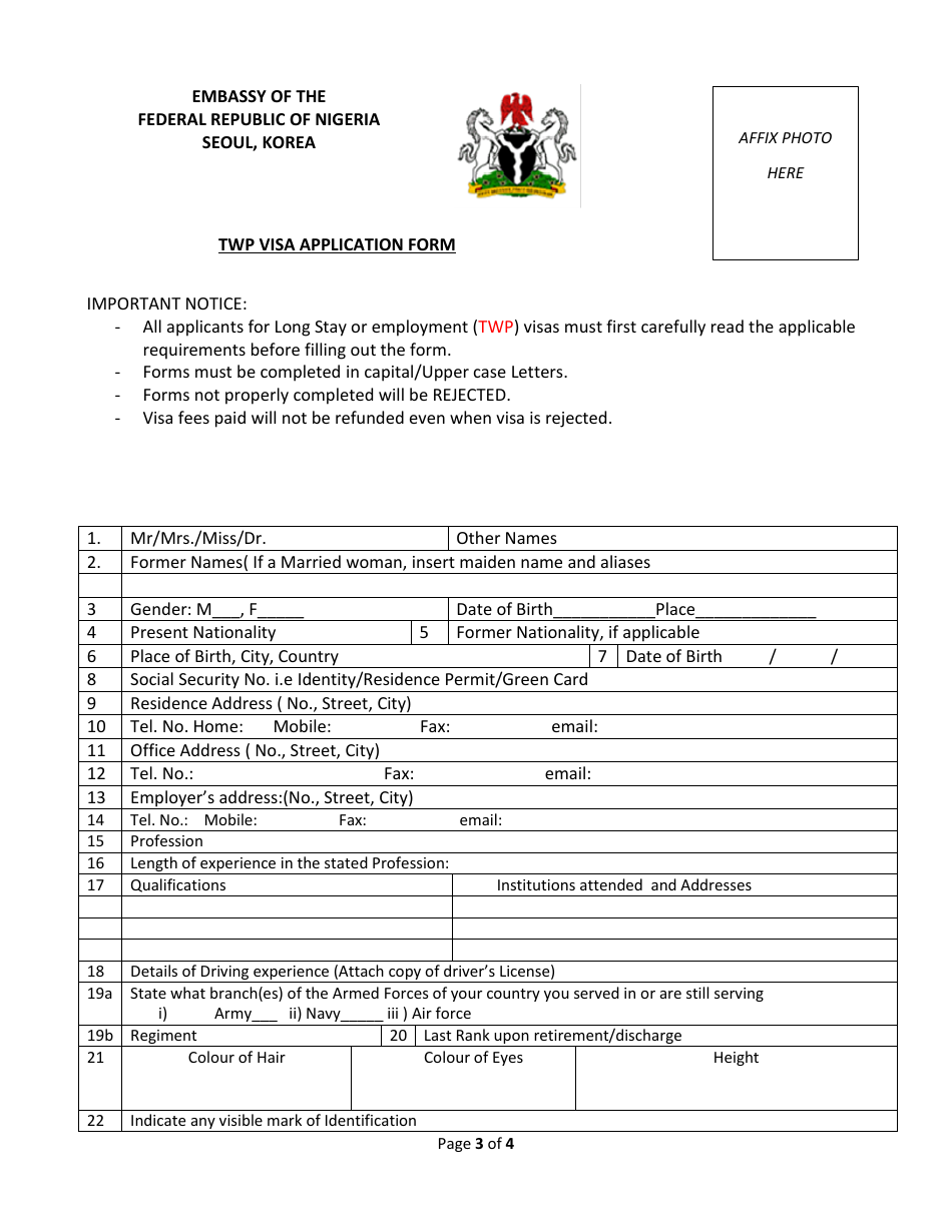 Seoul, South Korea Nigeria Twp Visa Application Form - Embassy of Nigeria - Fill Out, Sign ...