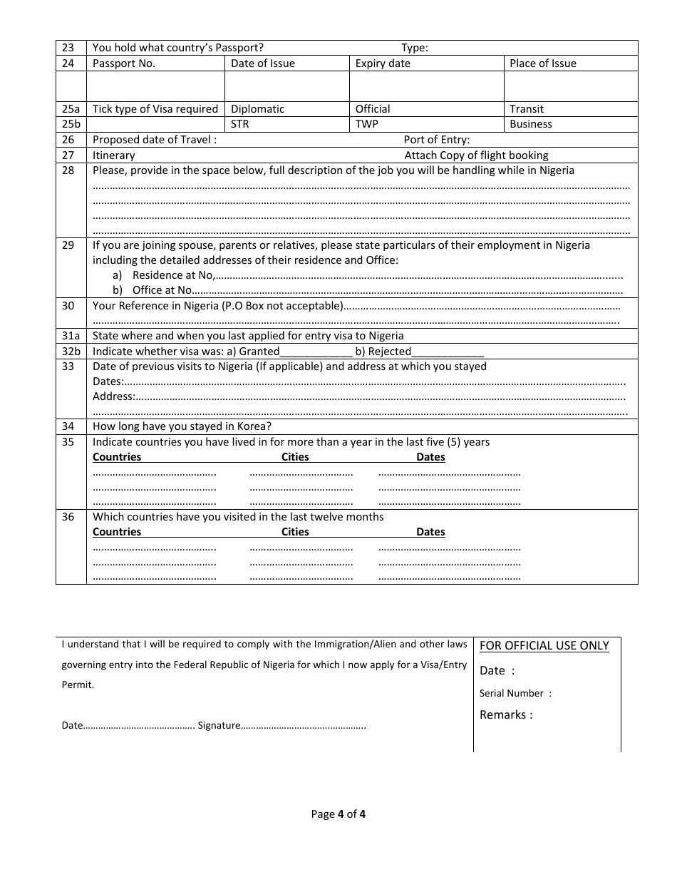 Seoul, South Korea Nigeria Twp Visa Application Form - Embassy of Nigeria - Fill Out, Sign ...