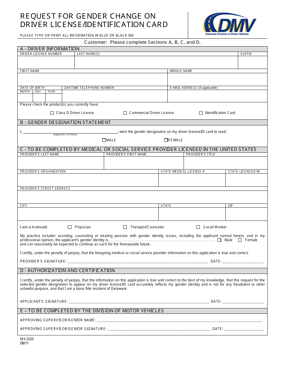 Form MV2020 - Fill Out, Sign Online and Download Fillable PDF, Delaware ...