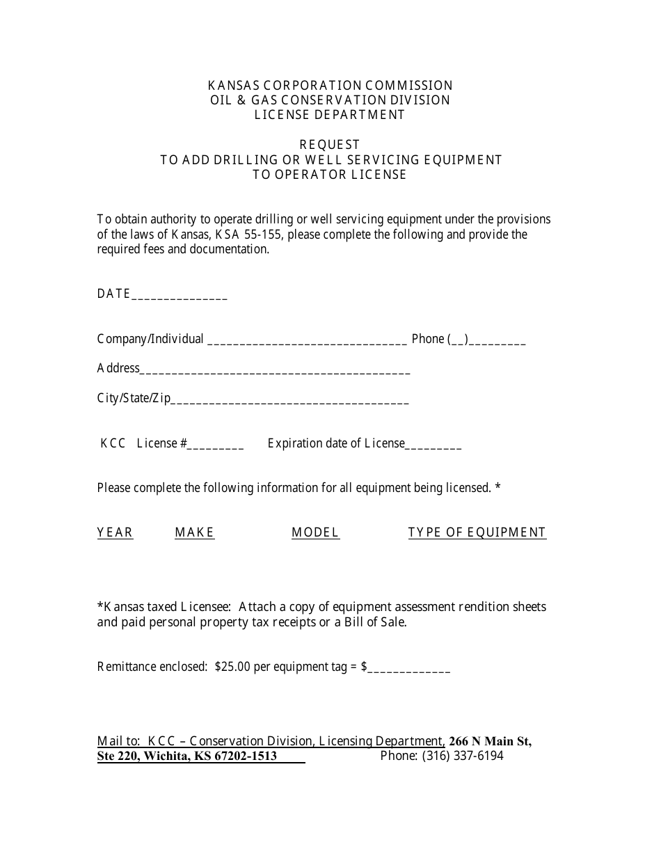 Kansas Request to Add Drilling or Well Servicing Equipment to Operator ...