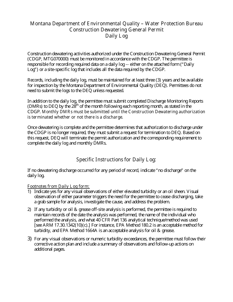 Montana Construction Dewatering General Permit - Daily Log - Fill Out ...