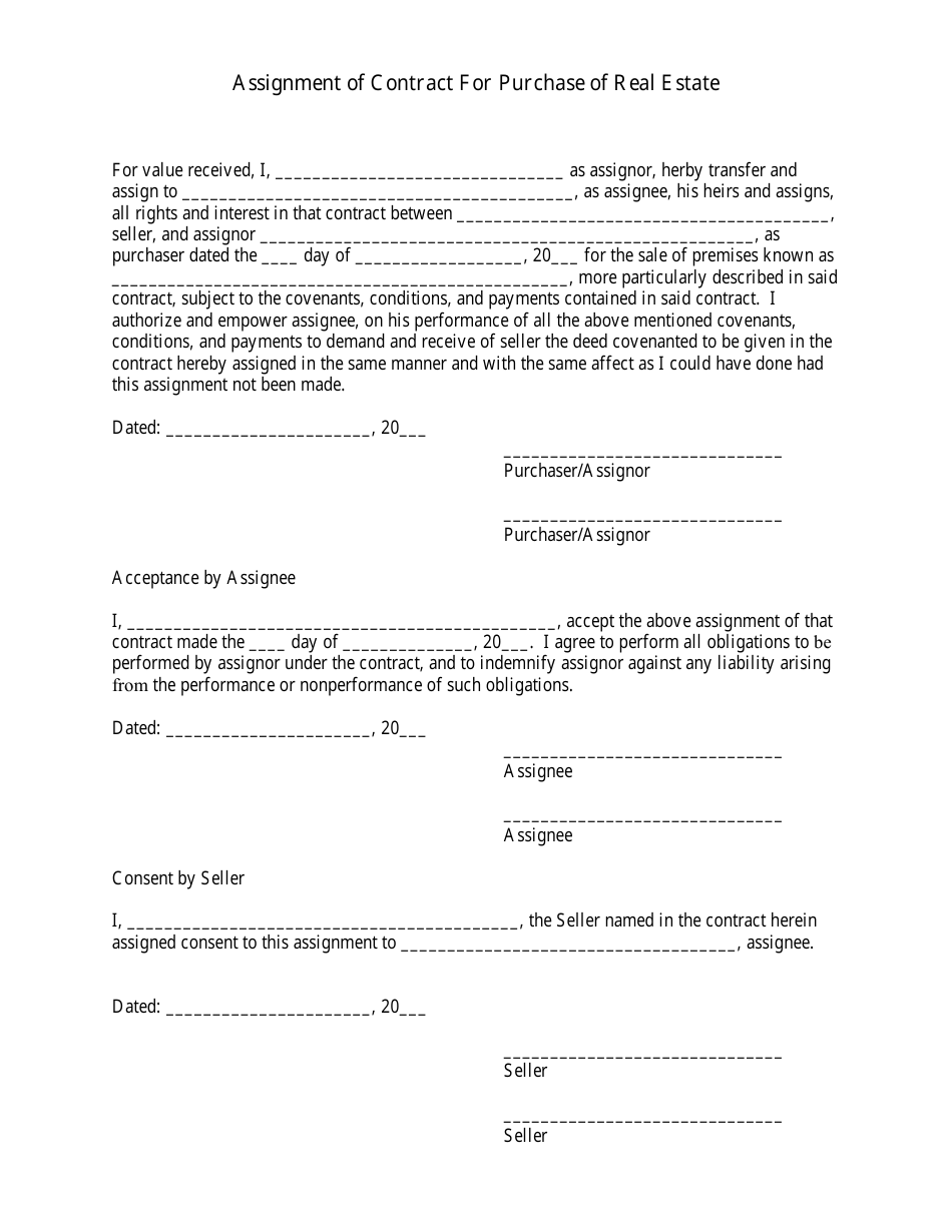 Assignment Of Contract For Purchase Of Real Estate Fill Out Sign 