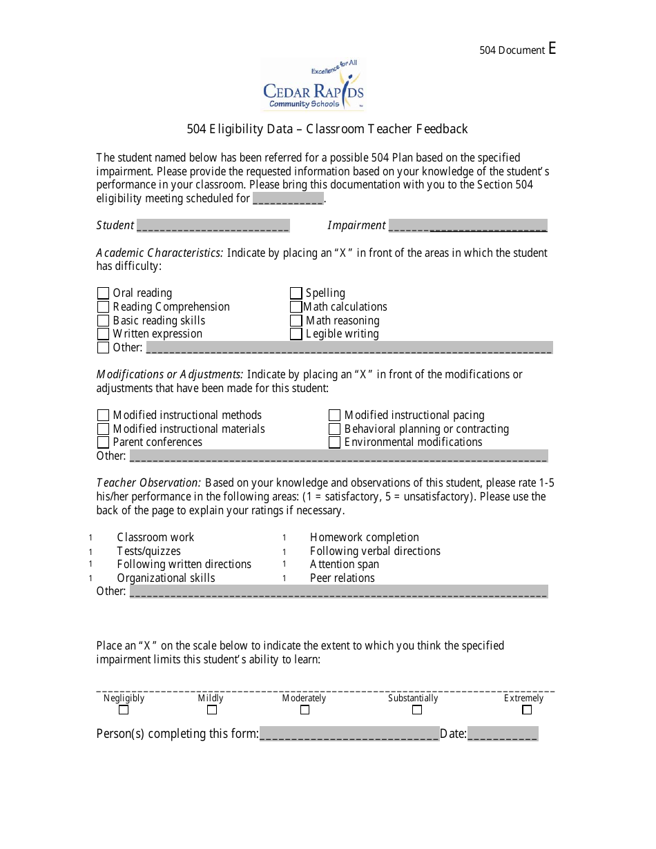 504 Eligibility Data Classroom Teacher Feedback Template - Cedar Rapids ...