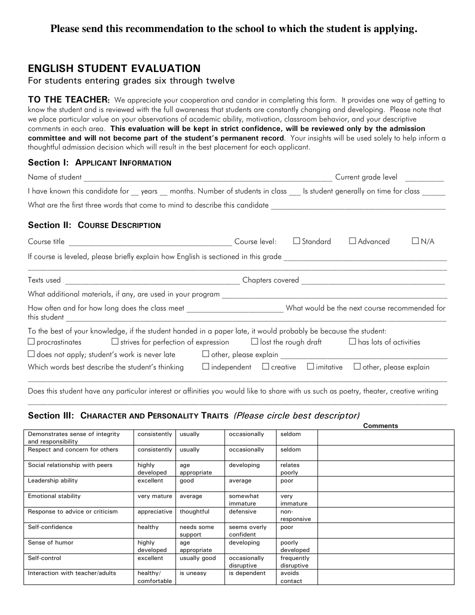 English Student Evaluation Form - Grades 6-12 - Aisne - Fill Out, Sign ...