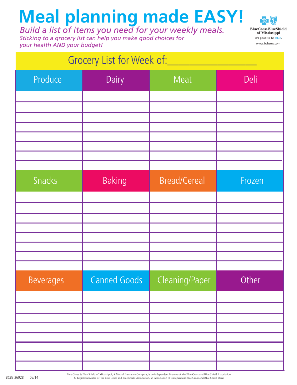 Weekly Grocery List Template Bcbs Download Printable PDF Templateroller