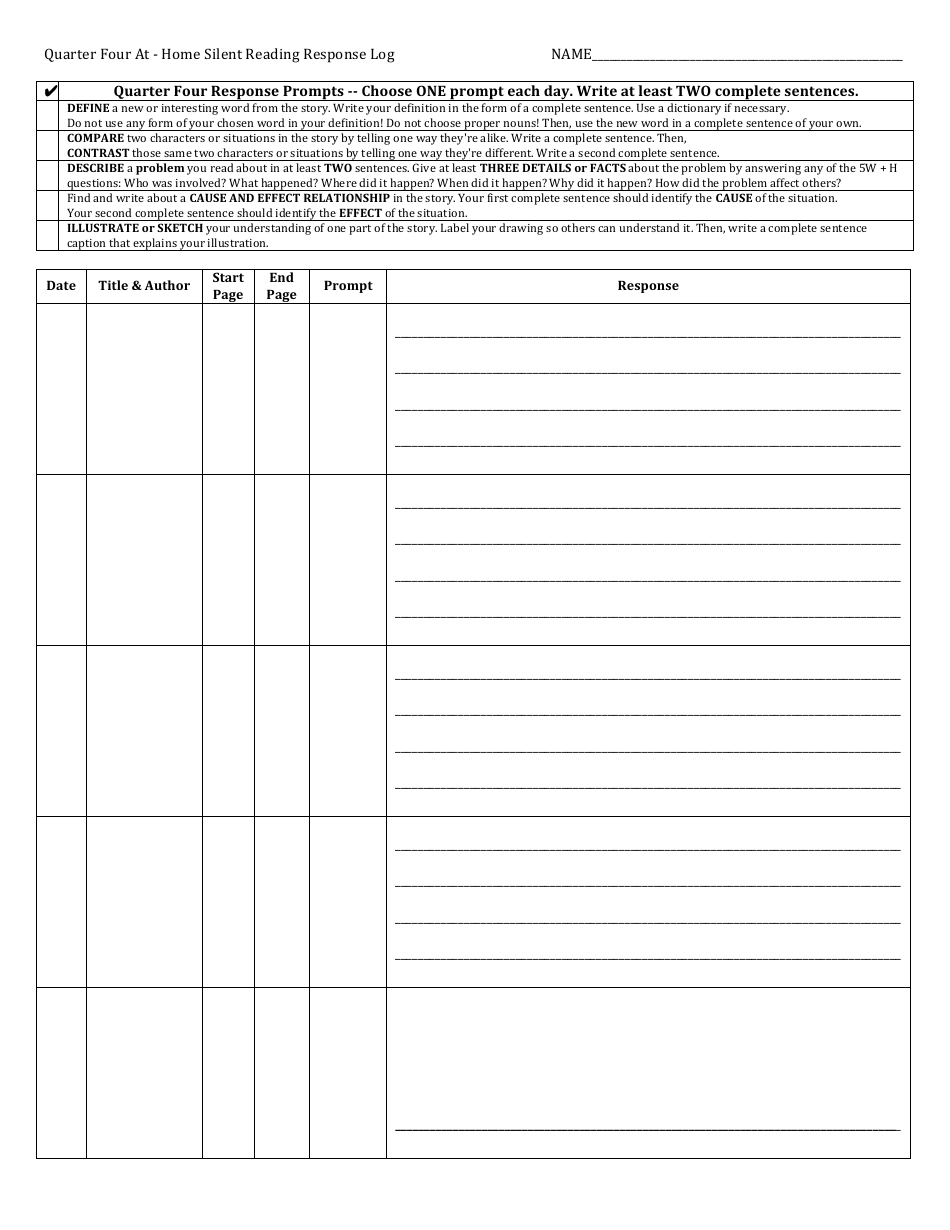 Quarter for at - Home Silent Reading Response Log Template Download ...