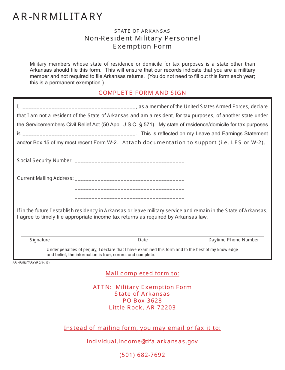 Form AR-NRMILITARY - Fill Out, Sign Online and Download Fillable PDF, Arkansas | Templateroller
