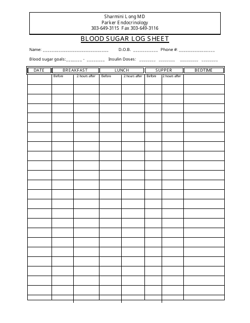 Blood Sugar Log Sheet Parker Endocrinology Download Printable PDF 