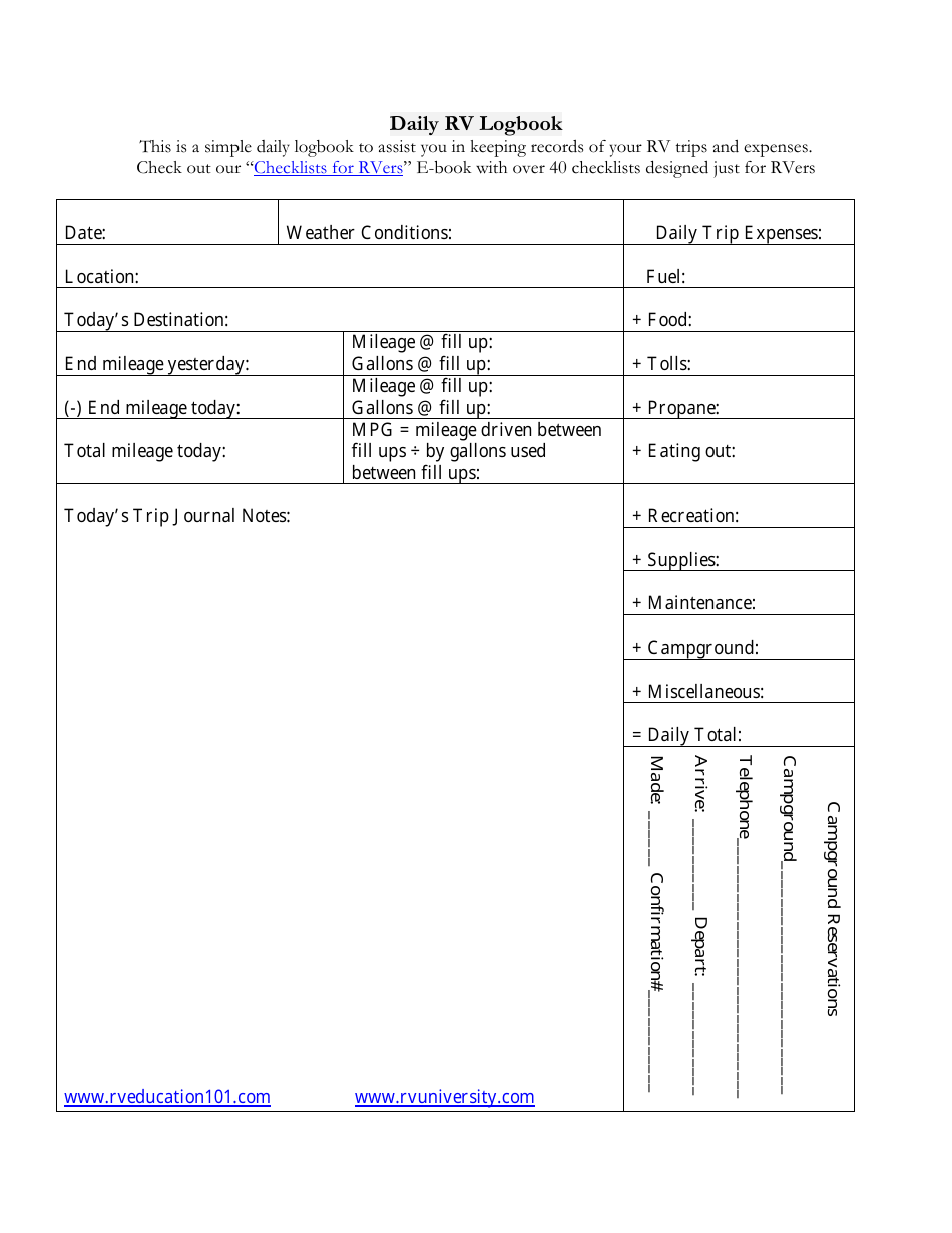 Daily Rv Logbook Template Download Printable PDF | Templateroller