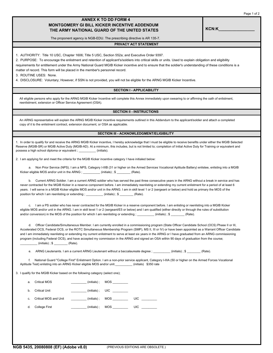 NGB Form 5435 (DD Form 4) Annex K - Fill Out, Sign Online and Download ...