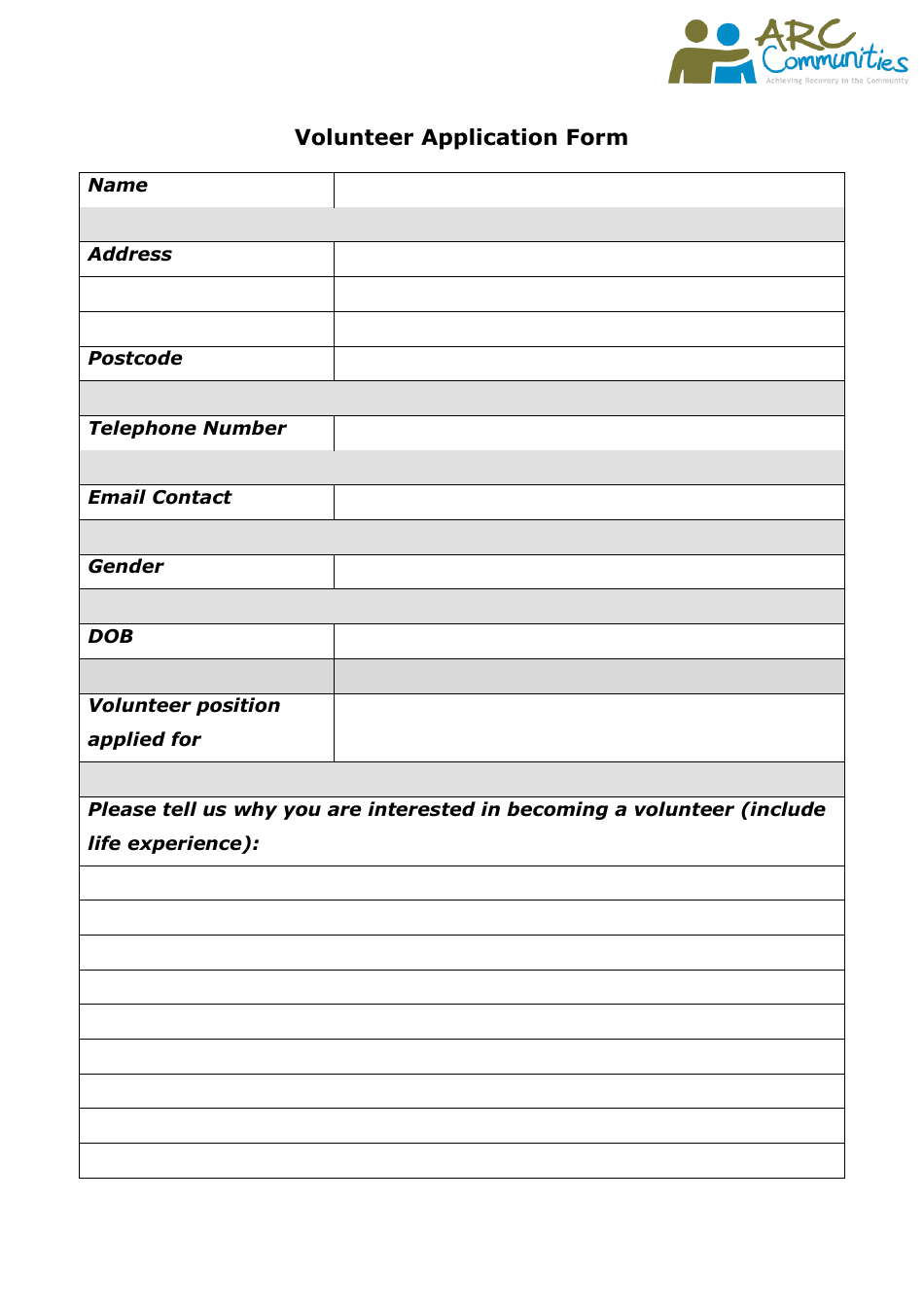 Volunteer Application Form - ARC Communities - Fill Out, Sign Online ...