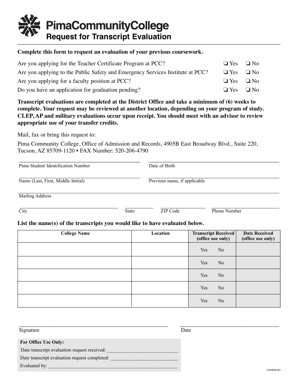 Transcript Evaluation Request Form - Pima Community College - Fill Out ...