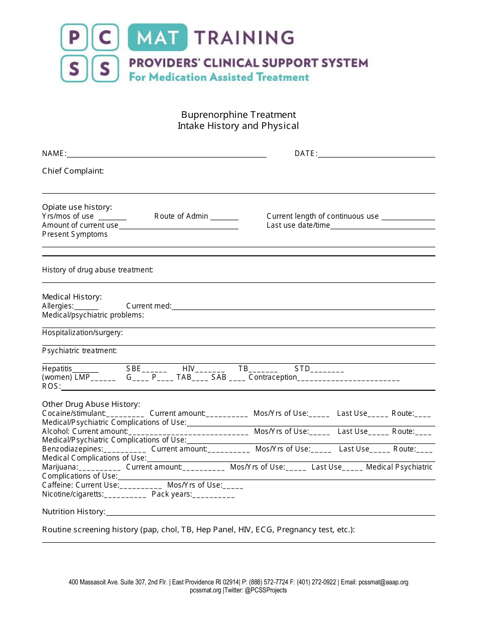 Buprenorphine Treatment Intake History and Physical Form - Pcss - Fill ...
