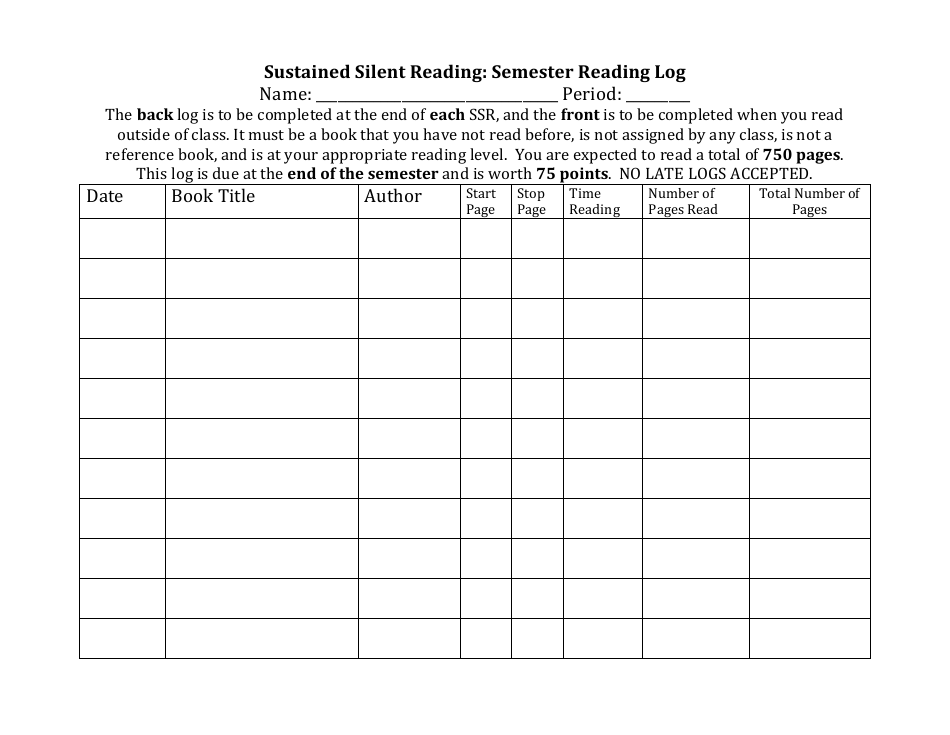 Semester Ssr Reading Log Template Download Printable PDF | Templateroller