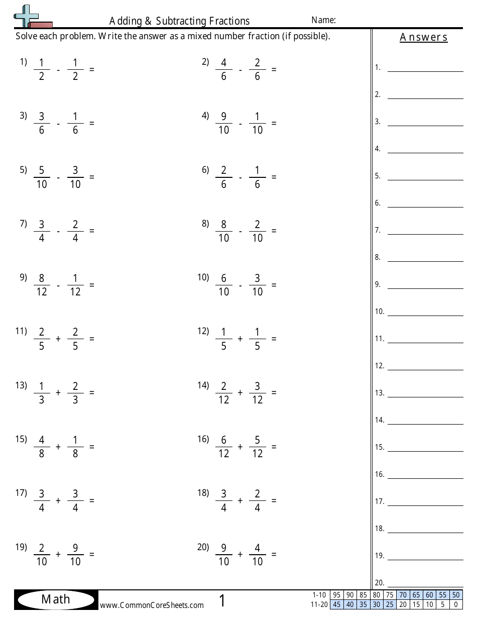 Adding Subtracting Fractions Worksheet With Answer Key Download