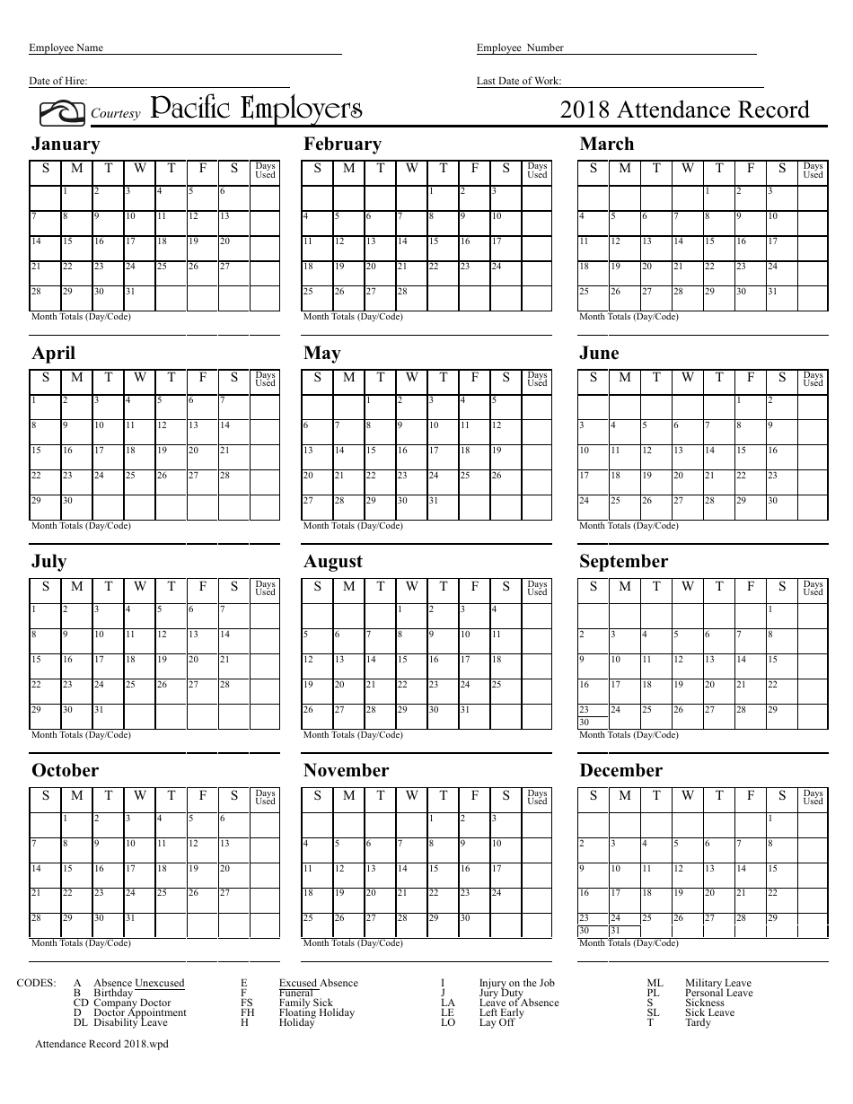 2018 Attendance Record Calendar Template - Courtesy Pacific Employers ...