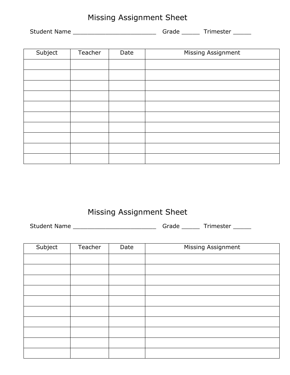 Missing Assignment Sheet Download Printable PDF Templateroller