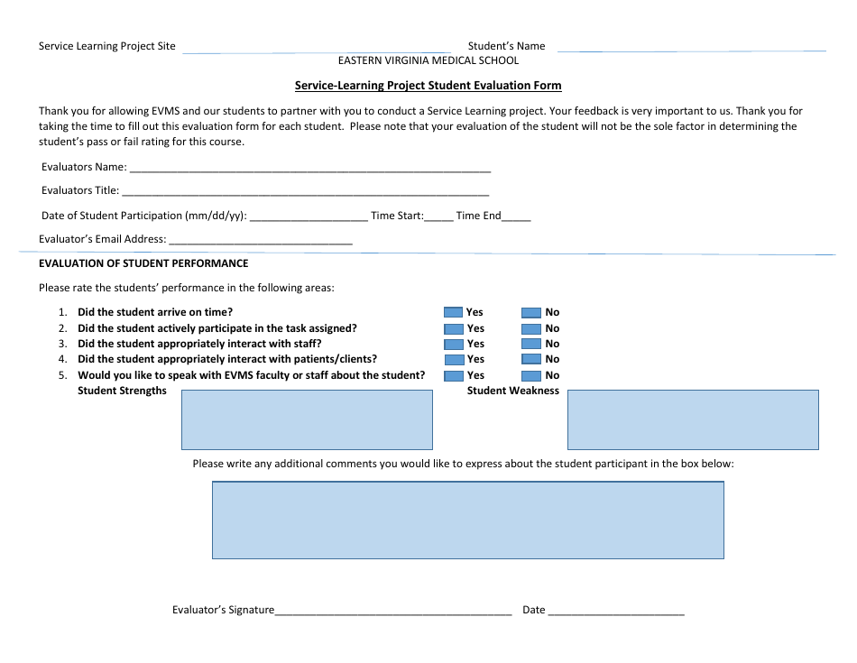 Service-Learning Project Student Evaluation Form - Eastern Virginia ...