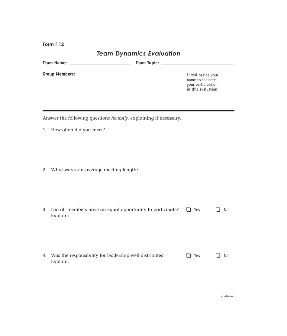 Team Dynamics Evaluation Template Download Printable PDF | Templateroller