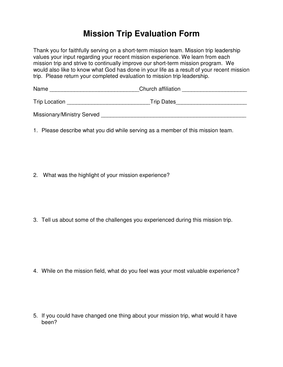 Mission Trip Evaluation Form Fill Out Sign Online And Download PDF