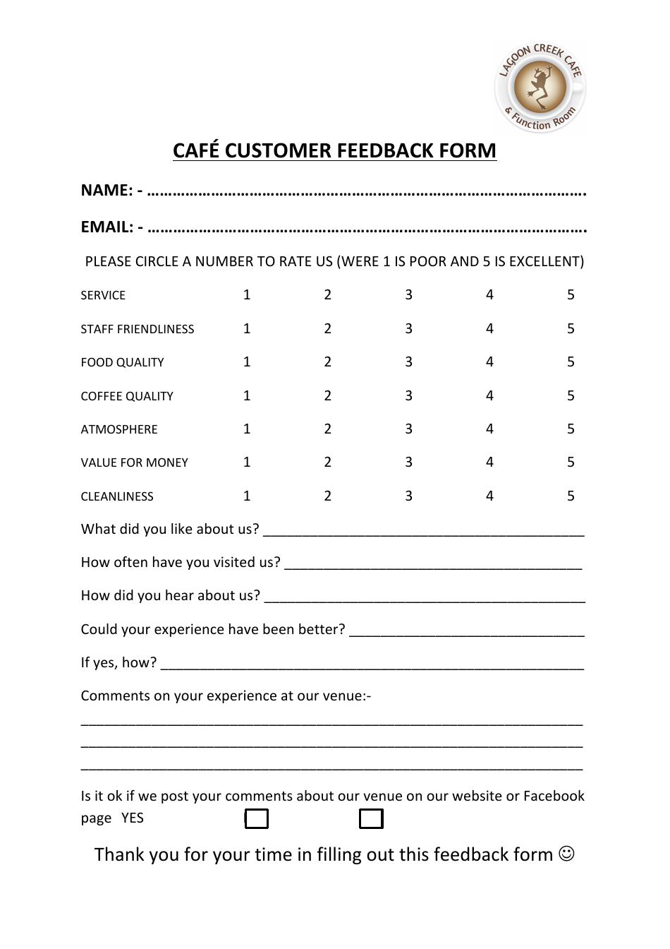Cafe Customer Feedback Form - Laggon Creek Cafe - Fill Out, Sign Online ...