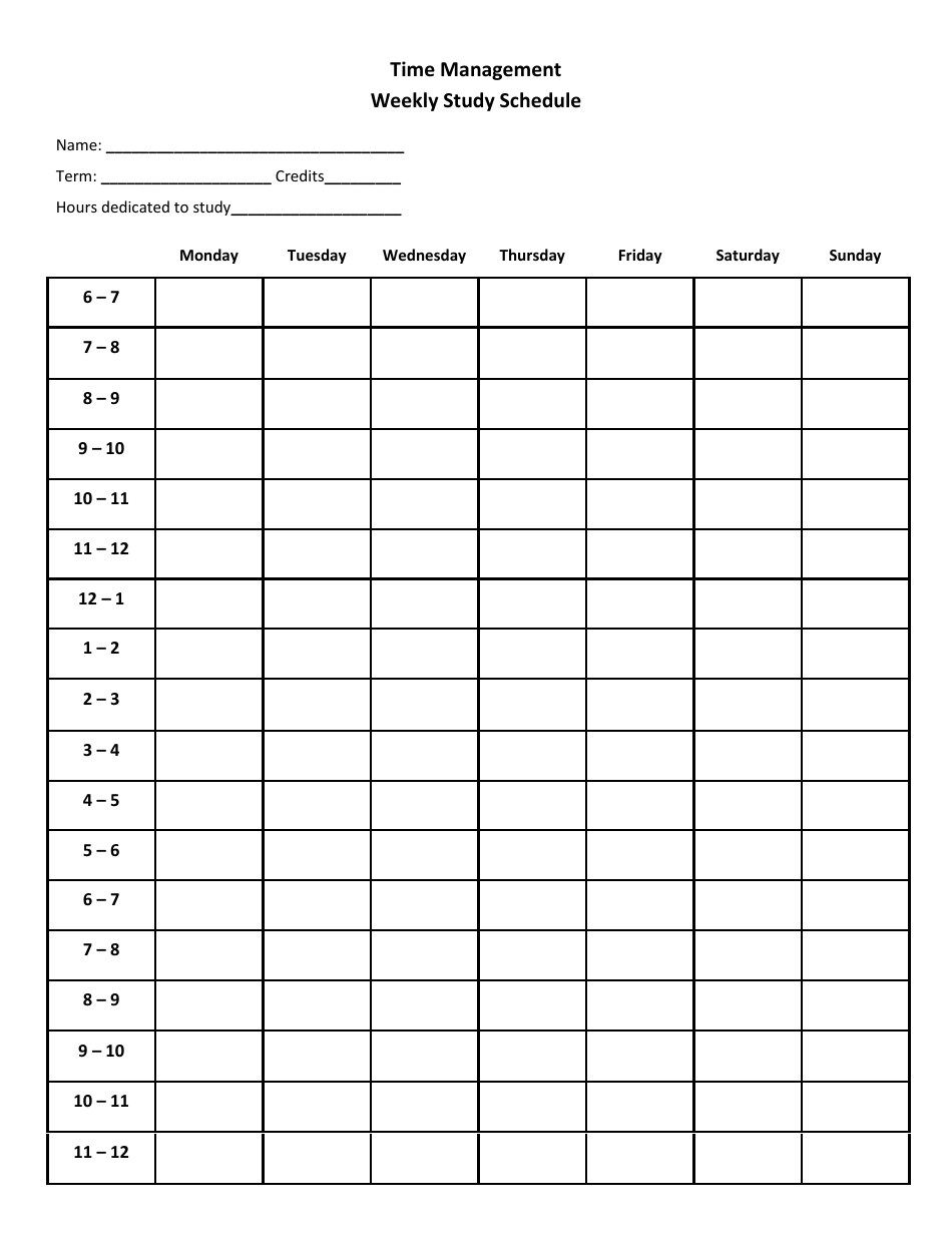 Weekly Study Schedule Template Time Management Download Printable PDF 