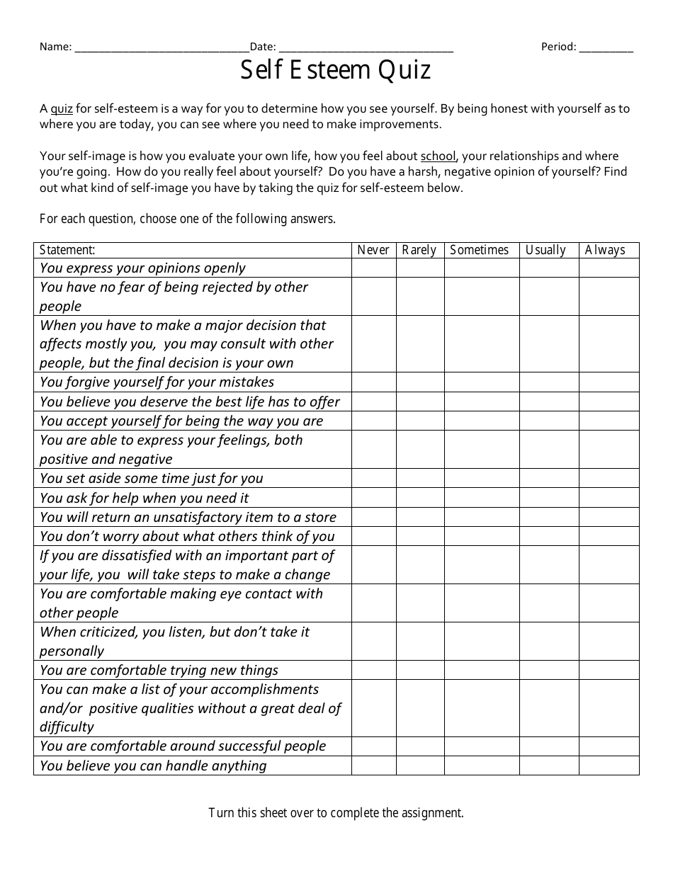 Self Esteem Assessment Worksheet Download Printable PDF Templateroller