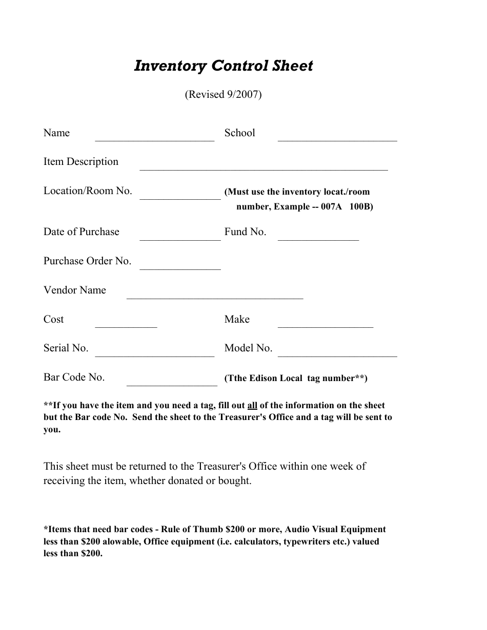 Inventory Control Sheet Template Download Printable PDF | Templateroller