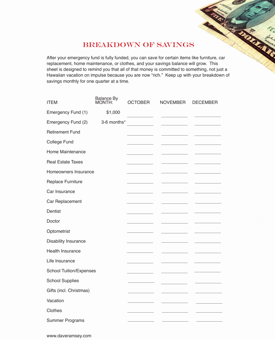 Savings Breakdown Spreadsheet Download Printable PDF | Templateroller