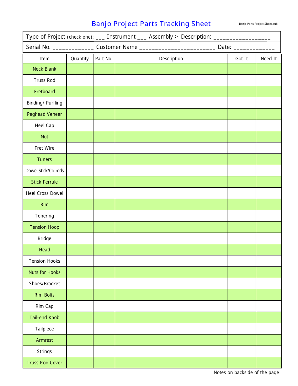 Banjo Project Parts Tracking Sheet Template Download Printable PDF ...