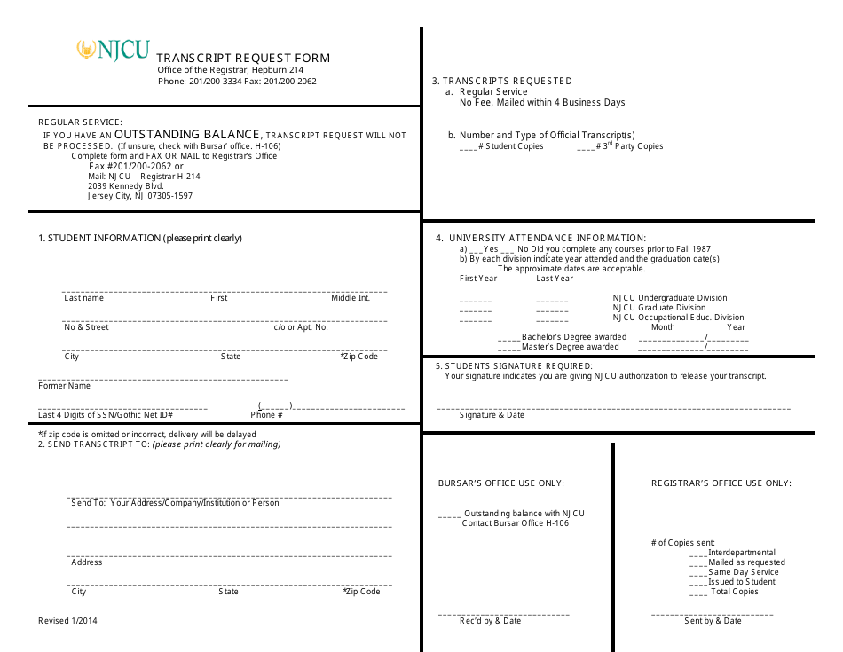 New Jersey Transcript Request Form - New Jersey City University - Fill ...