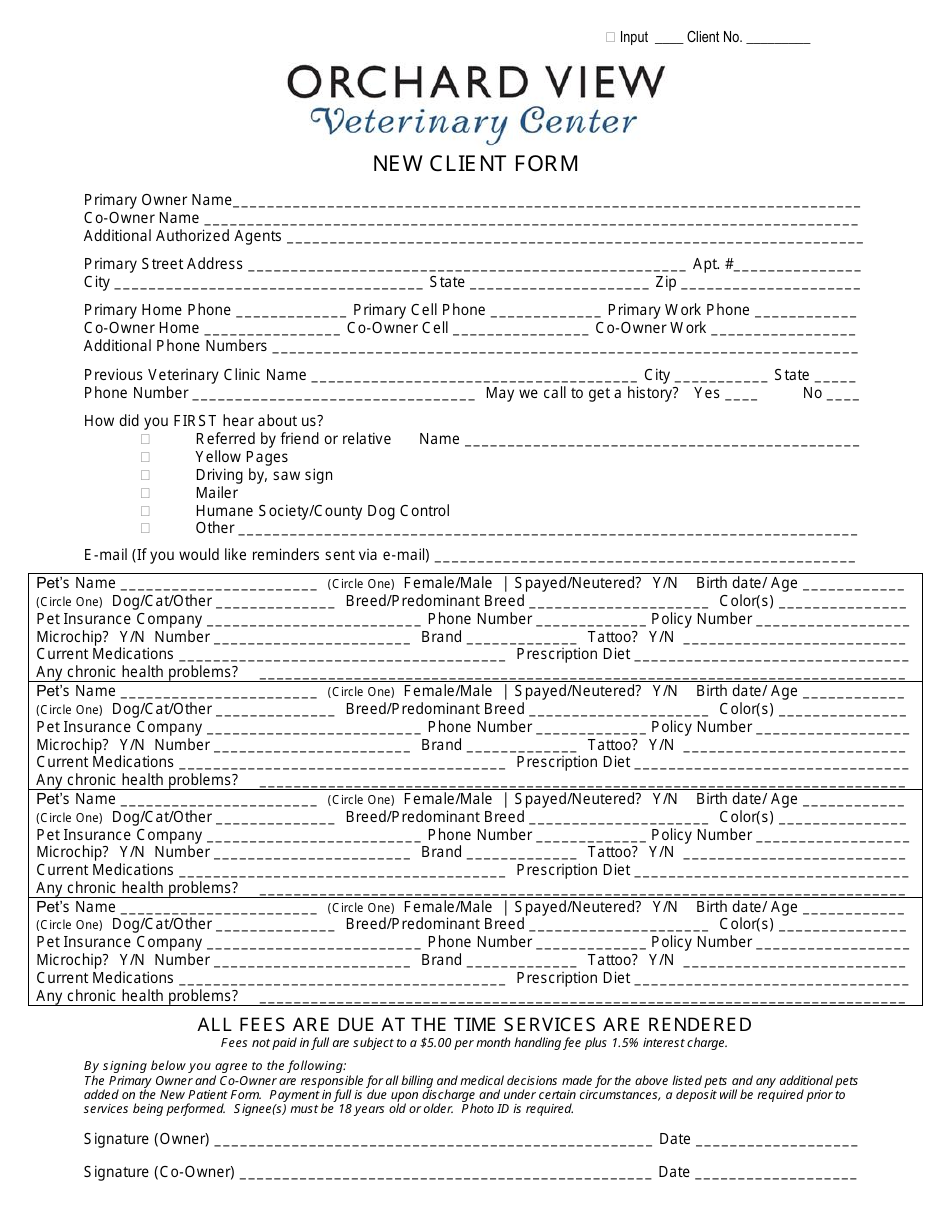 New Client Form - Orchard View Veterinary Center - Fill Out, Sign ...