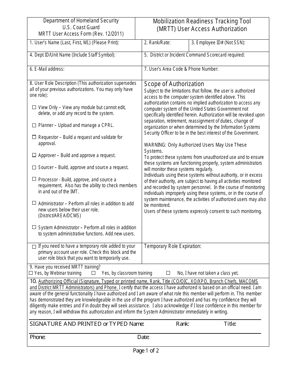 Mobilization Readiness Tracking Tool (Mrtt) User Access Authorization ...
